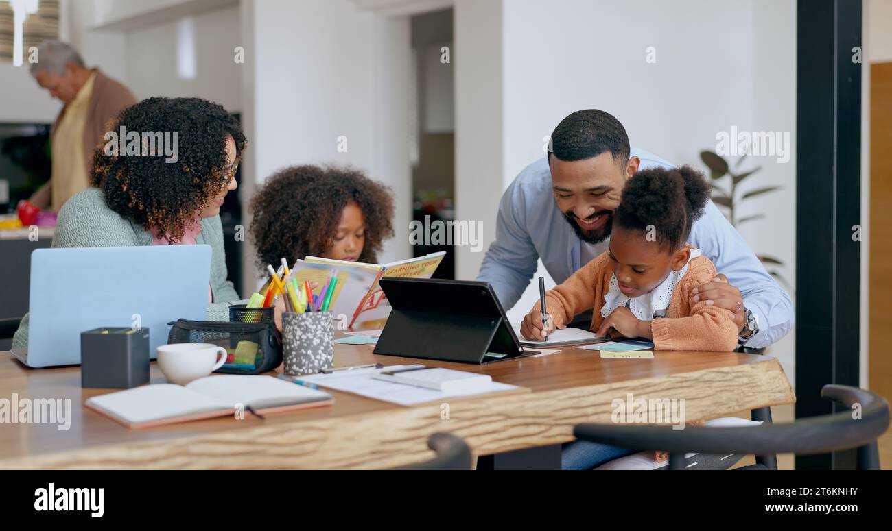 Parents, kids and e learning with tablet, writing and support for ...