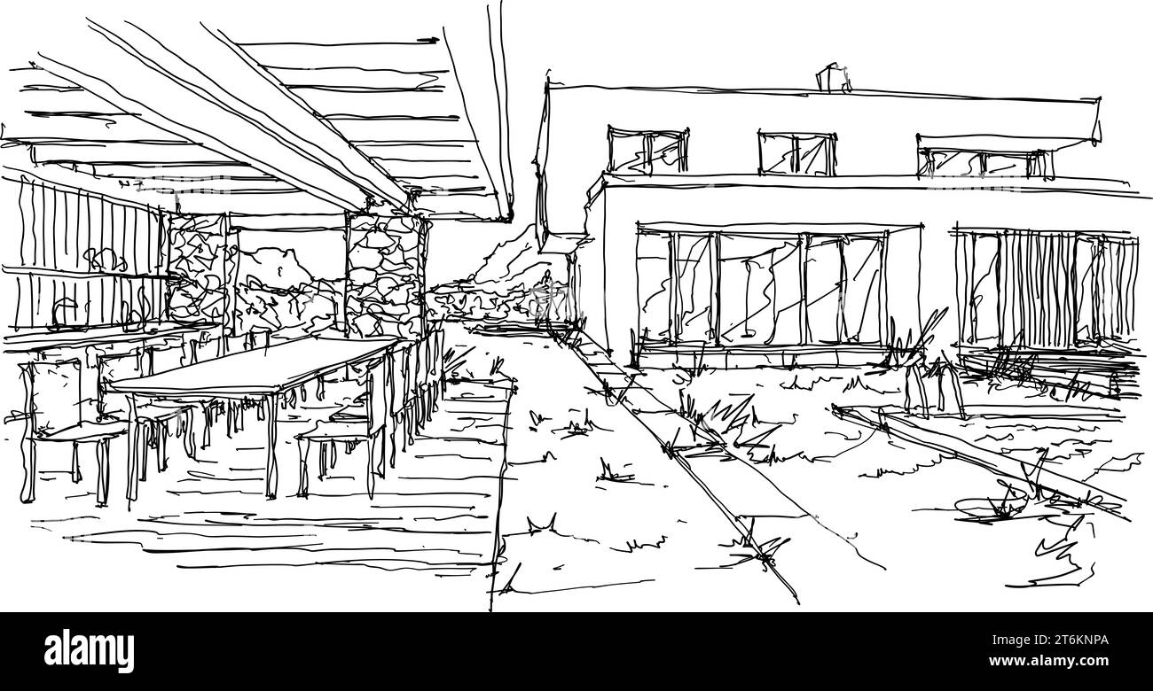 hand drawn architectural sketch of modern two story detached house with ...