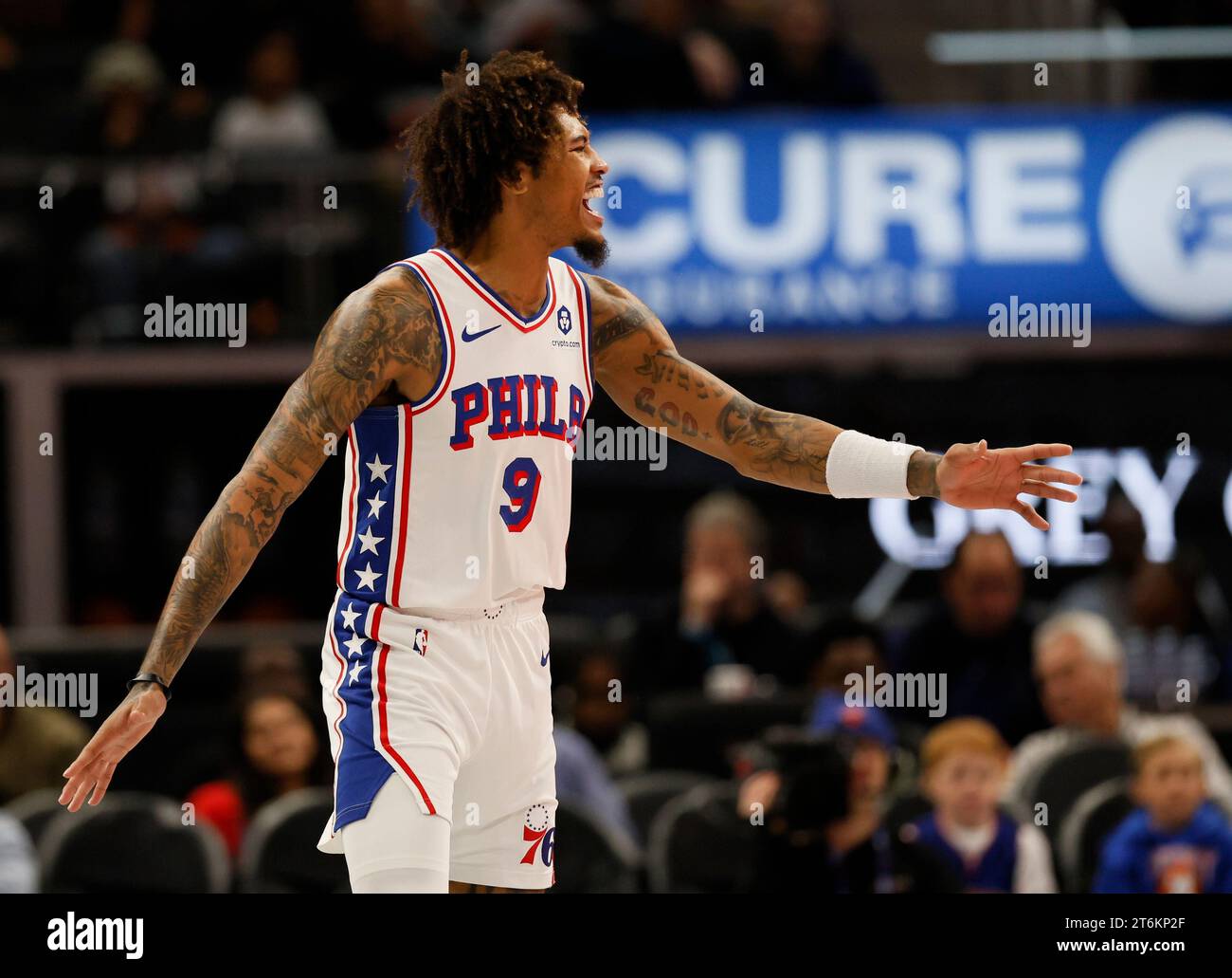 Philadelphia 76ers guard Kelly Oubre Jr. (9) shouts to a teammate ... Philadelphia 76ers guard Kelly Oubre Jr. (9) shouts to a teammate ...