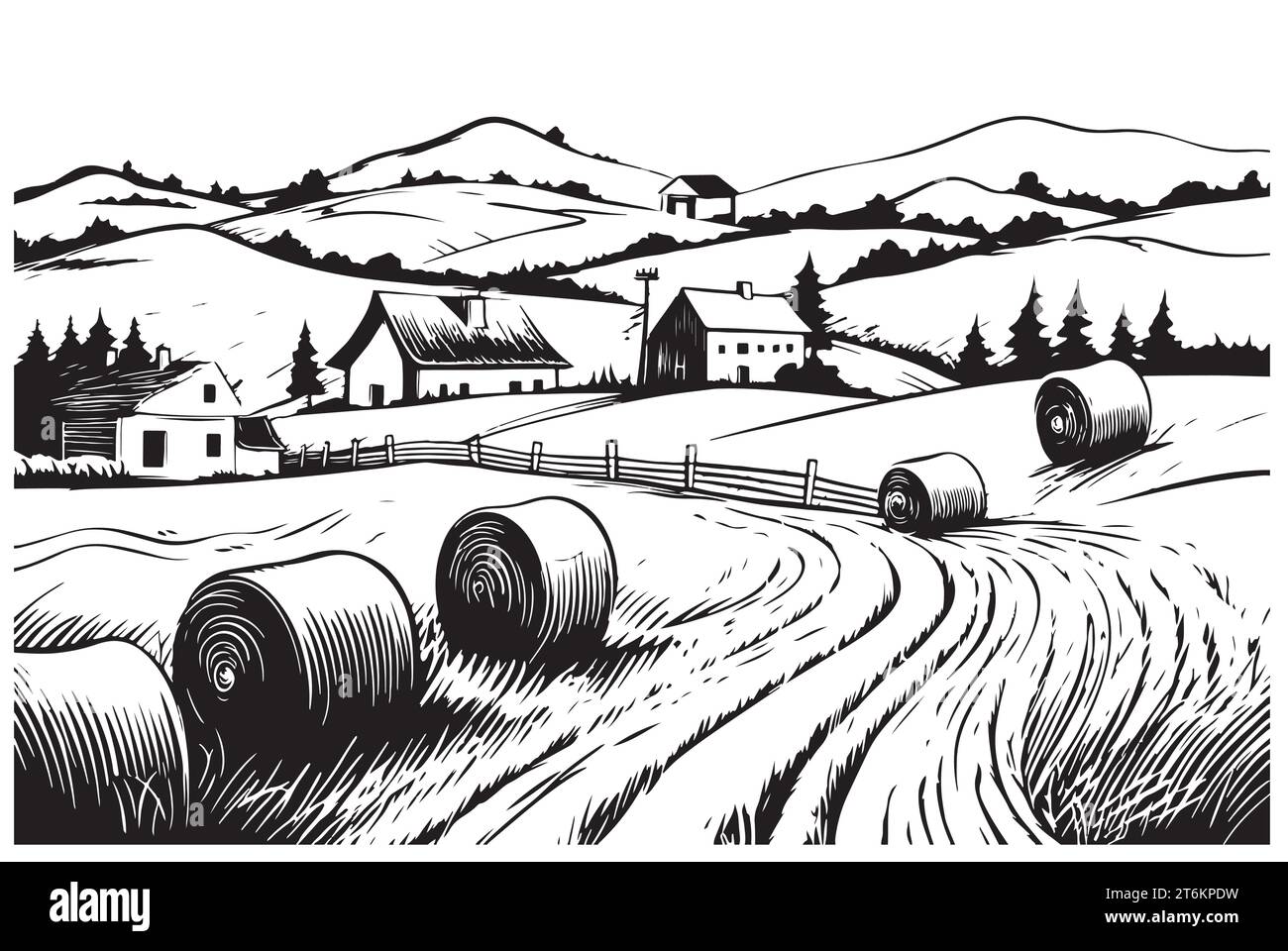 Rural scenery landscape panorama of countryside pastures. Haystacks on ...