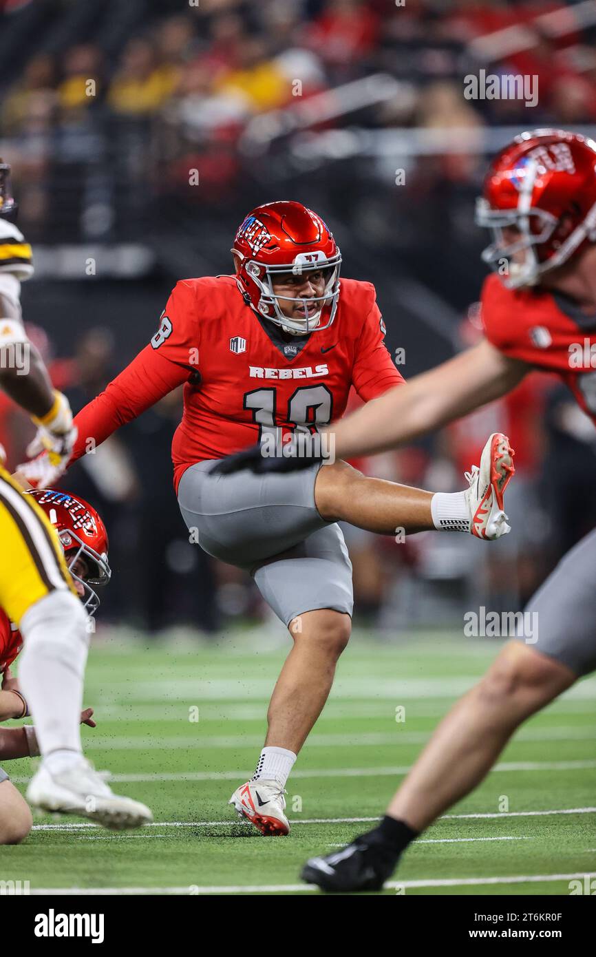 November 10, 2023: UNLV Rebels place kicker Jose Pizano (18) kicks a ...