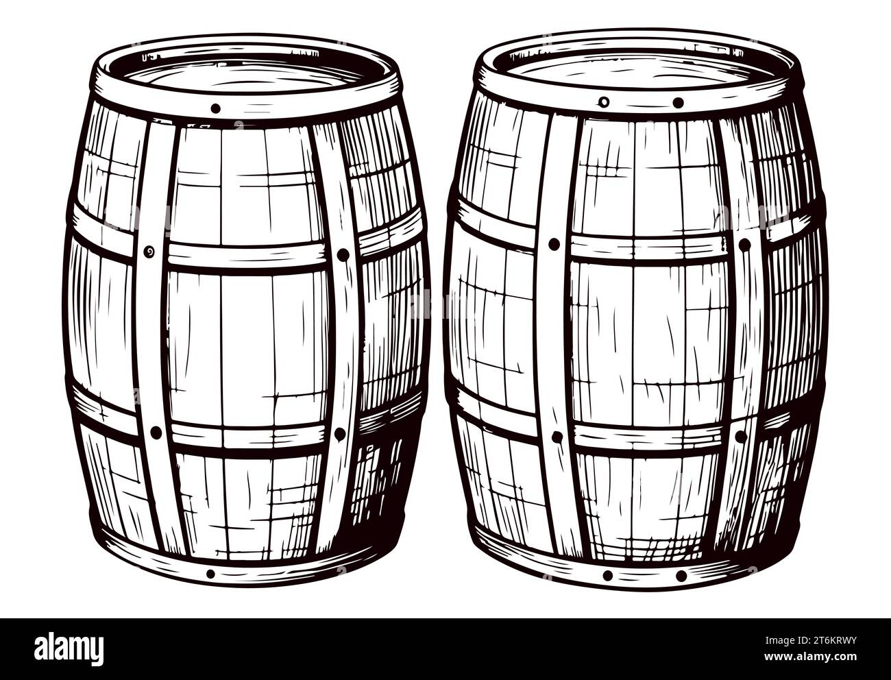 Oak wooden barrel ink illustration. Hand drawn engraving style barrel ...