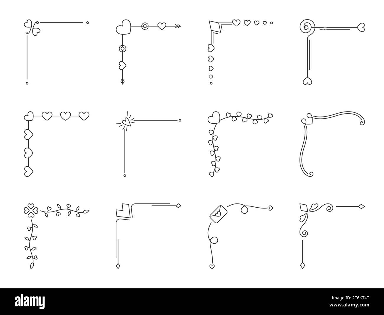 Corner frame heart divider black editable stroke line set. Ornament ...