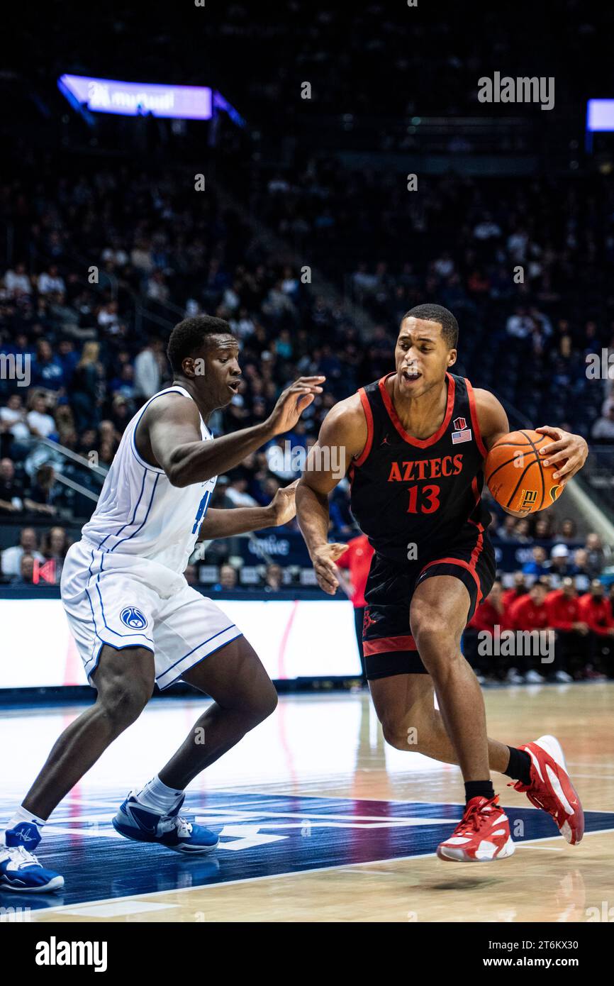San Diego State forward Jaedon LeDee (13) drives the ball on BYU ...