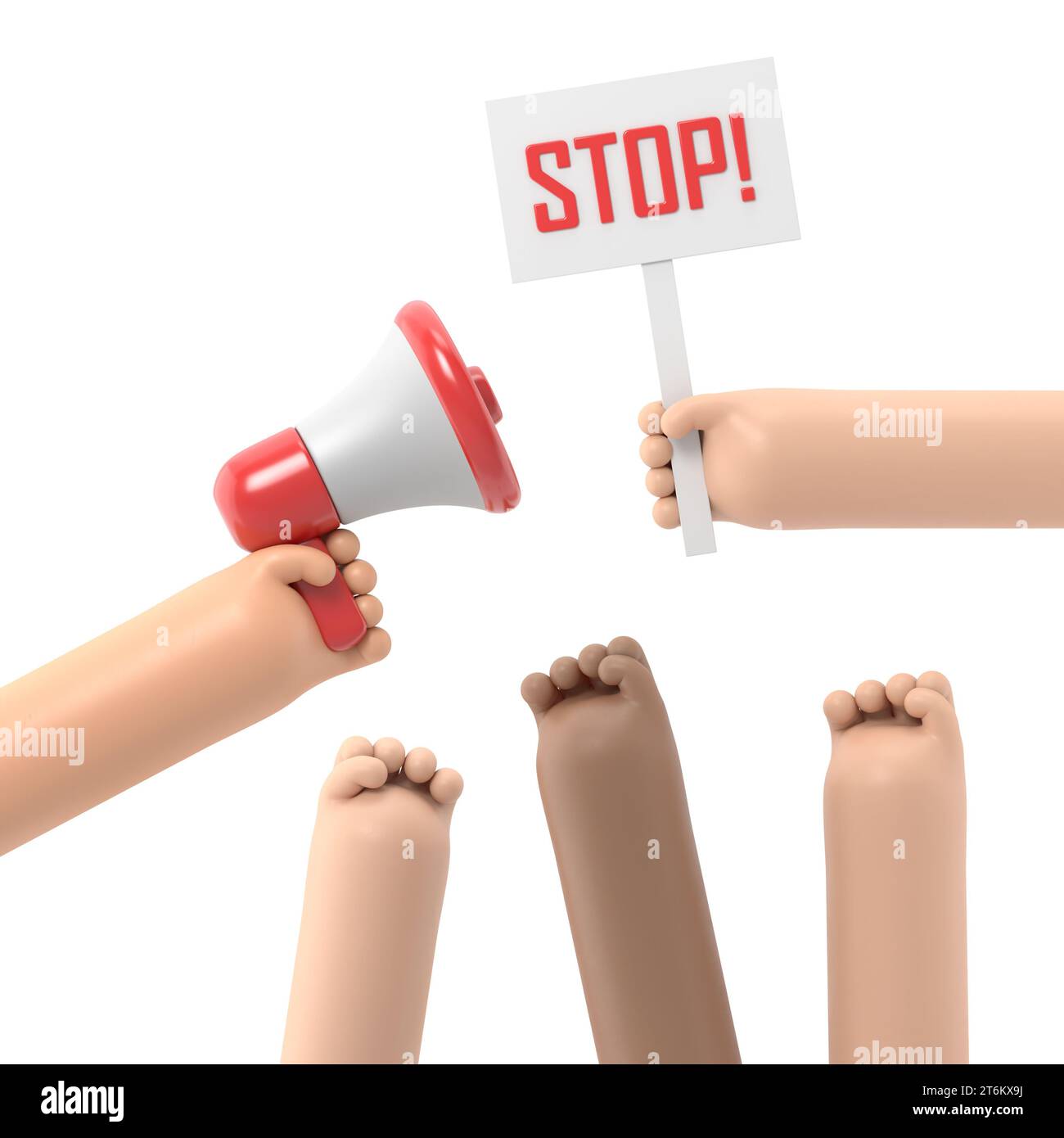 Cartoon hands of demonstrants and hand with Megaphone and stop sign ...