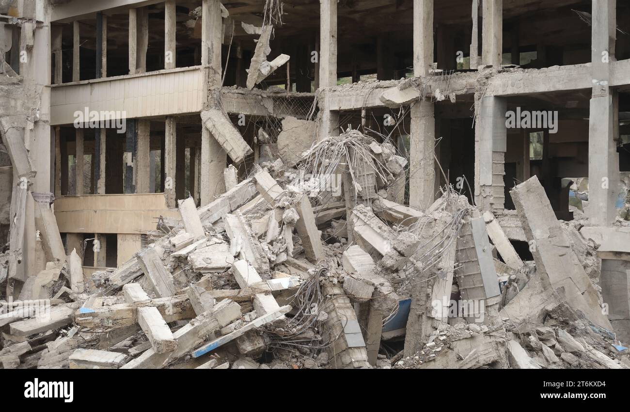 Destruction of city buildings damaged concrete structure during war ...