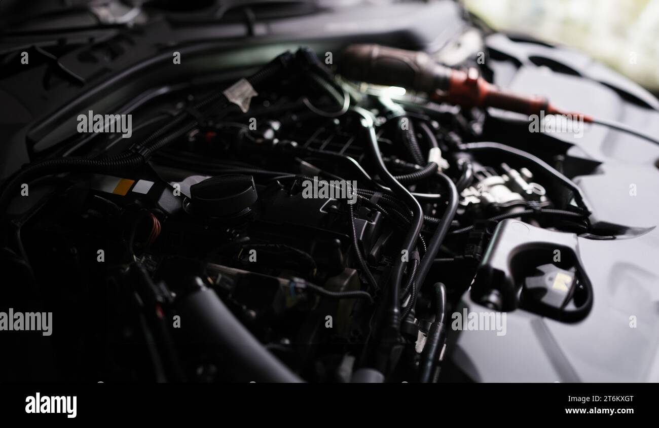 New car engine closeup. Powerful engine of modern car Stock Photo - Alamy