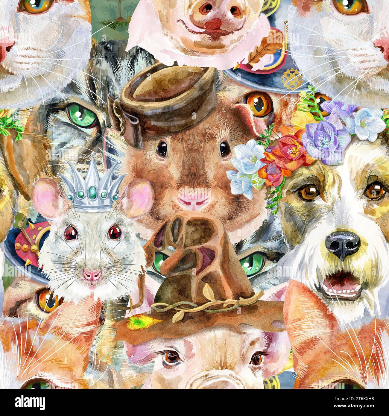 Seamless pets pattern. Hand painted watercolor drawing, isolate clip ...