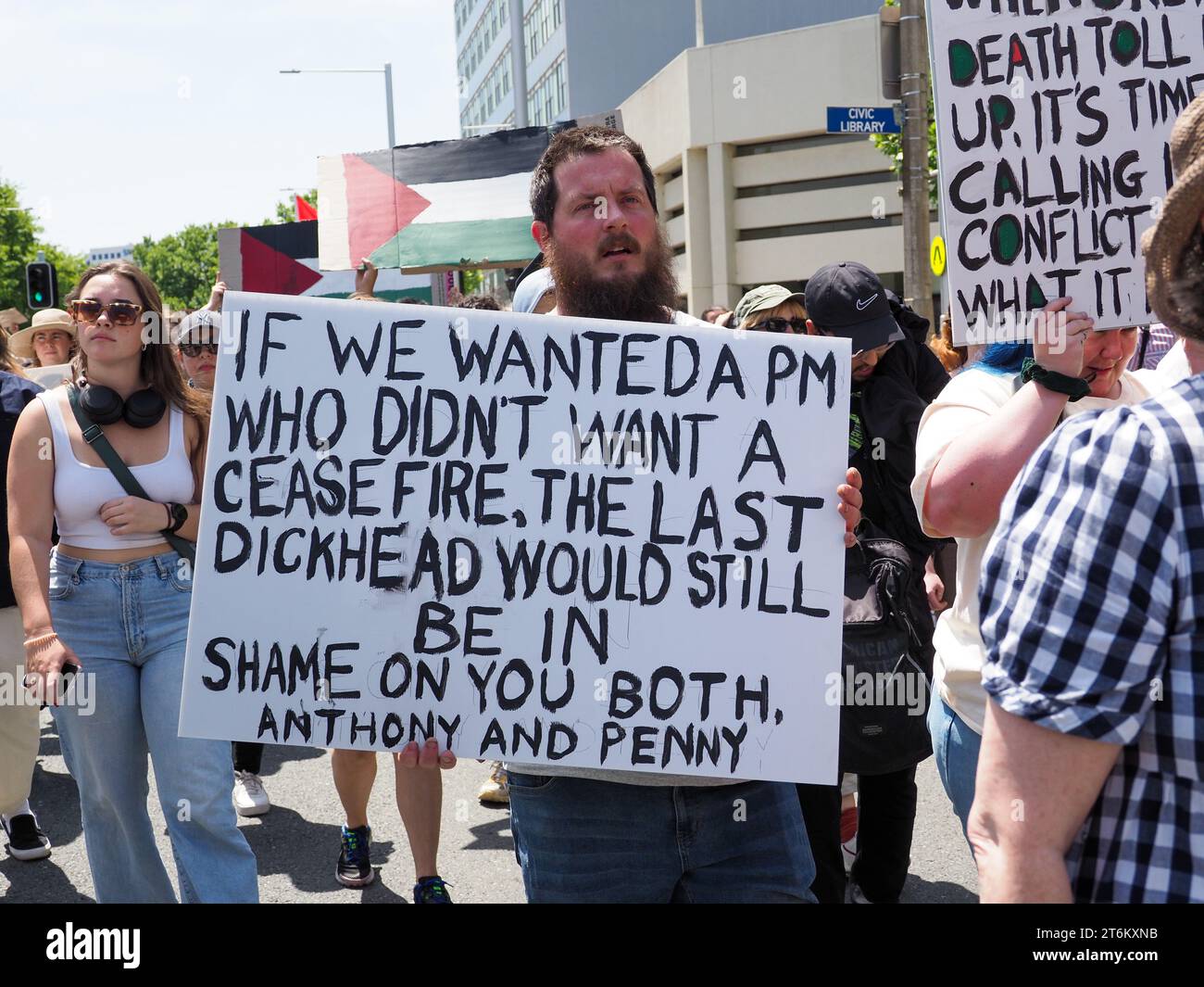 Canberra, Australia, 11th November 2023. Hundreds of protesters rally ...