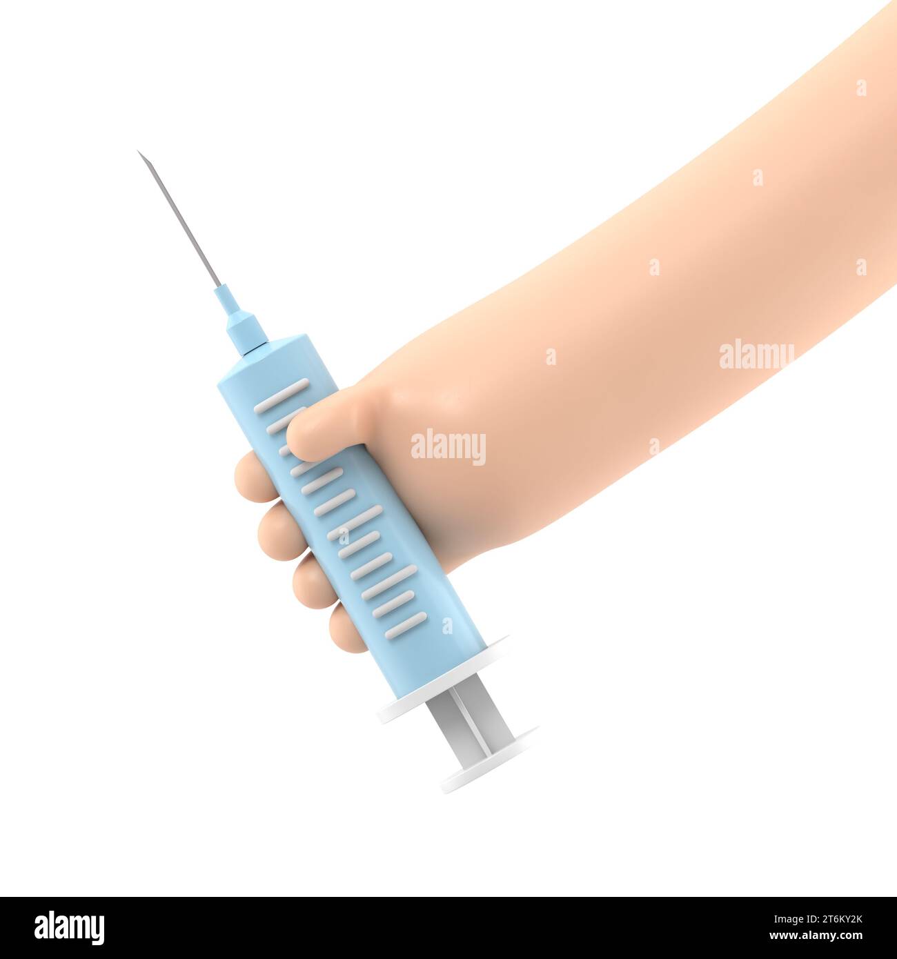 3d render. Doctor cartoon hand holding big syringe with vaccine against ...