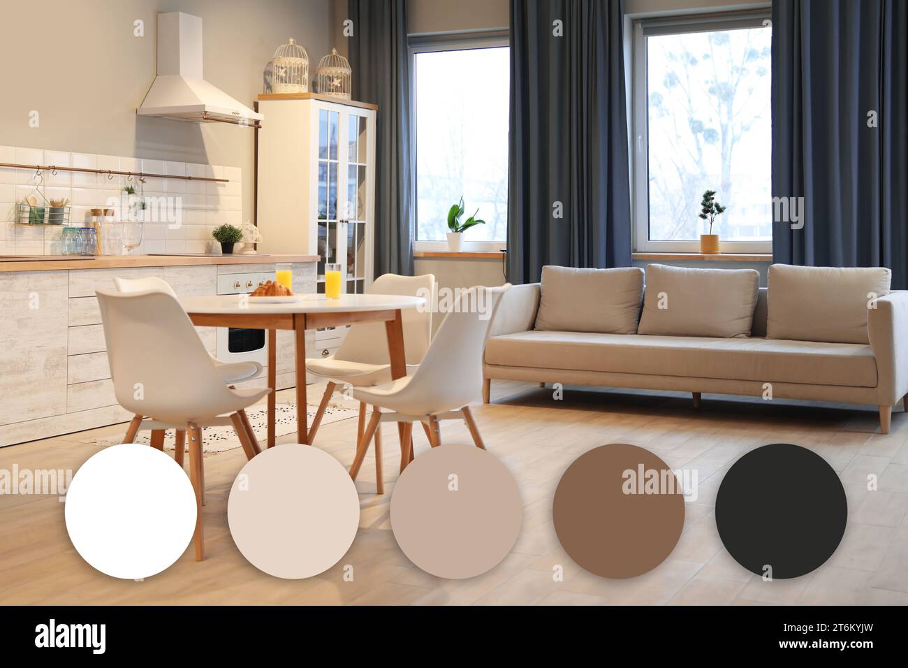 Spacious dining room with furniture. Color palette matching to this ...