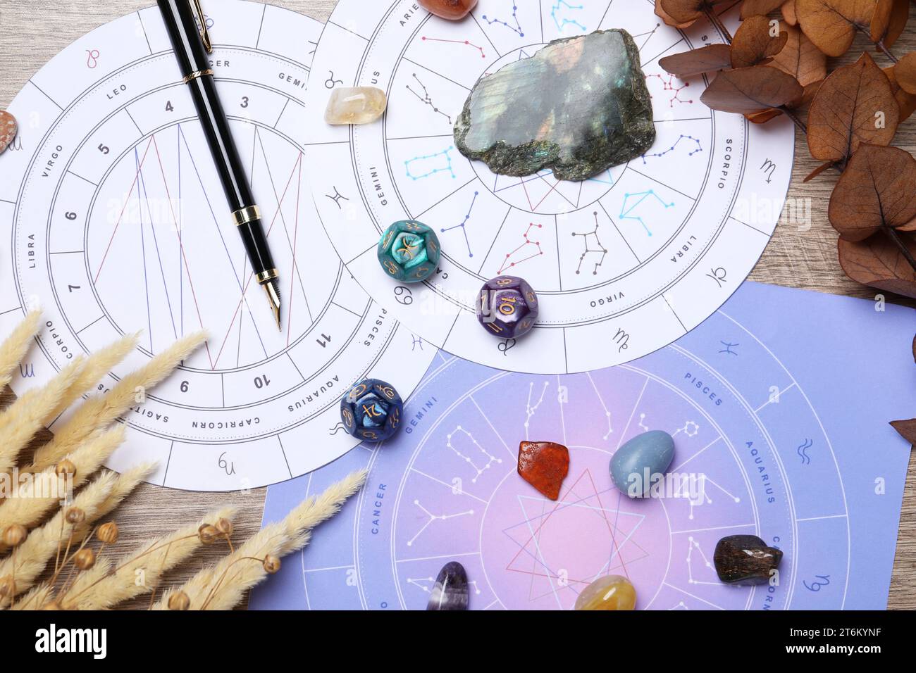 Zodiac wheels, natal chart, astrology dices, fountain pen and gemstones ...