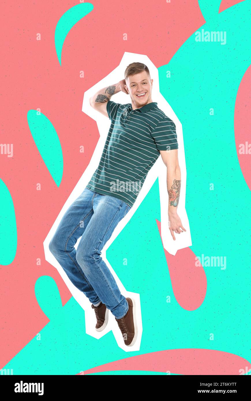Stylish artwork with smiling man dancing on color background Stock ...