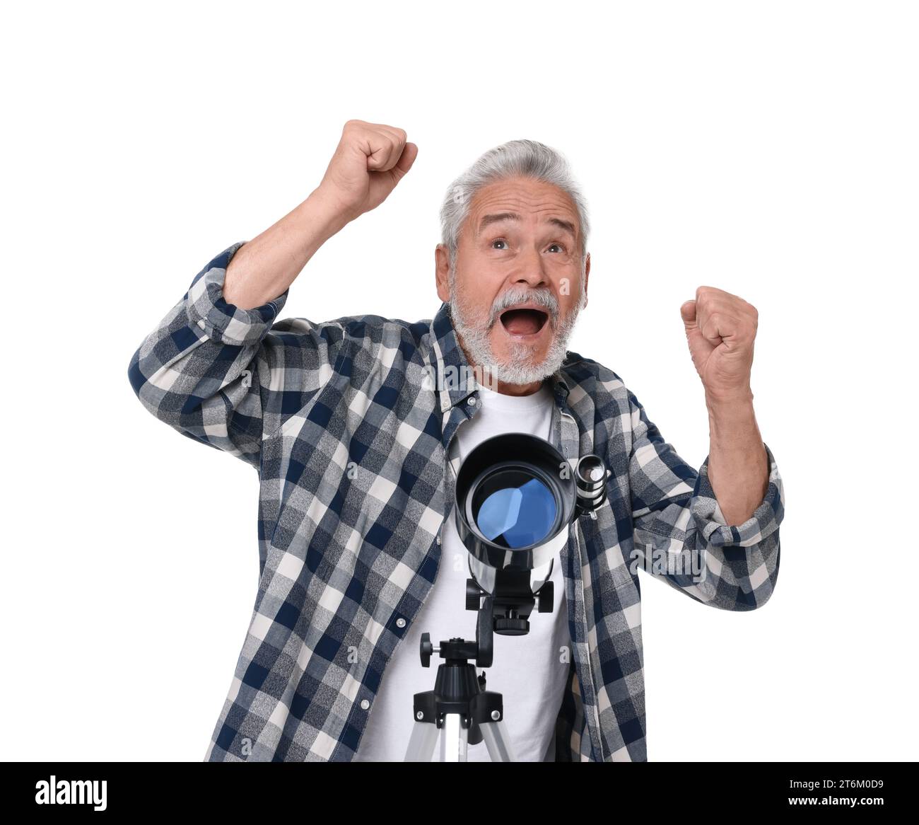 Excited senior astronomer with telescope on white background Stock ...