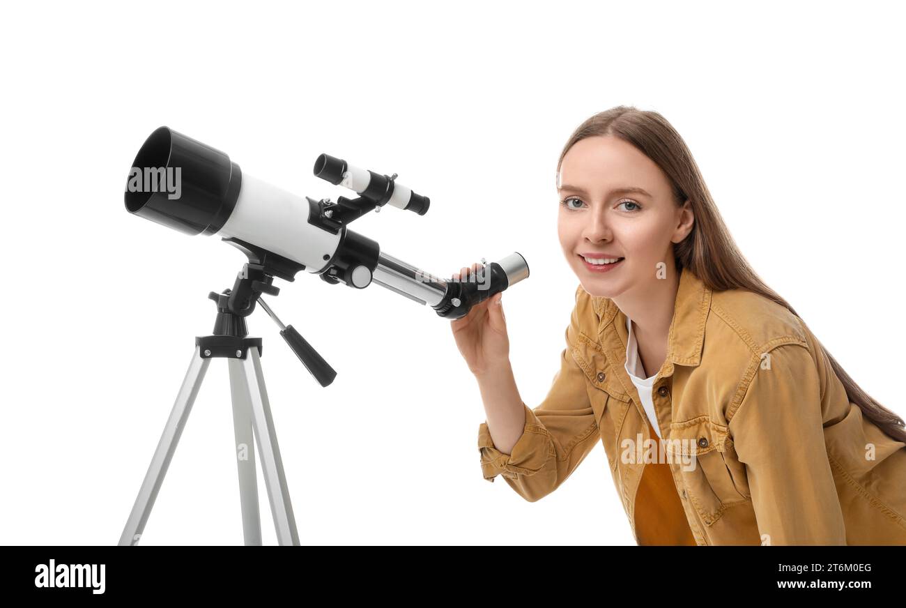 Happy astronomer with telescope on white background Stock Photo - Alamy