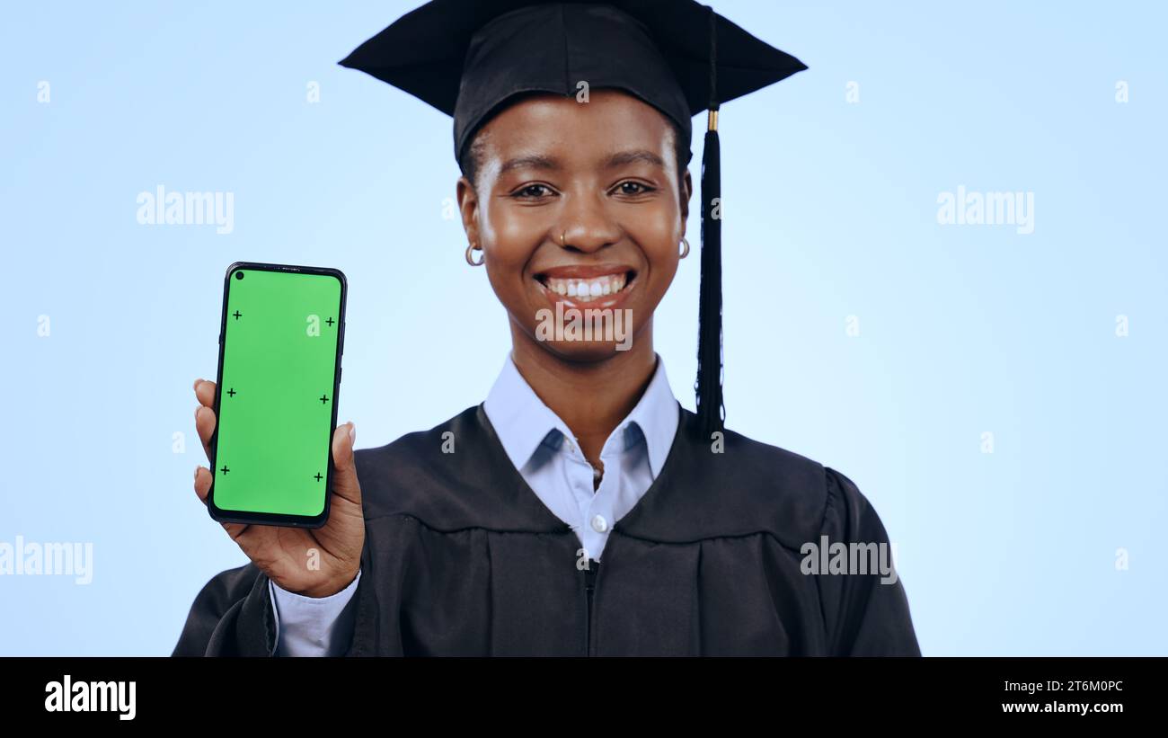 Graduate, woman and phone green screen for university marketing ...