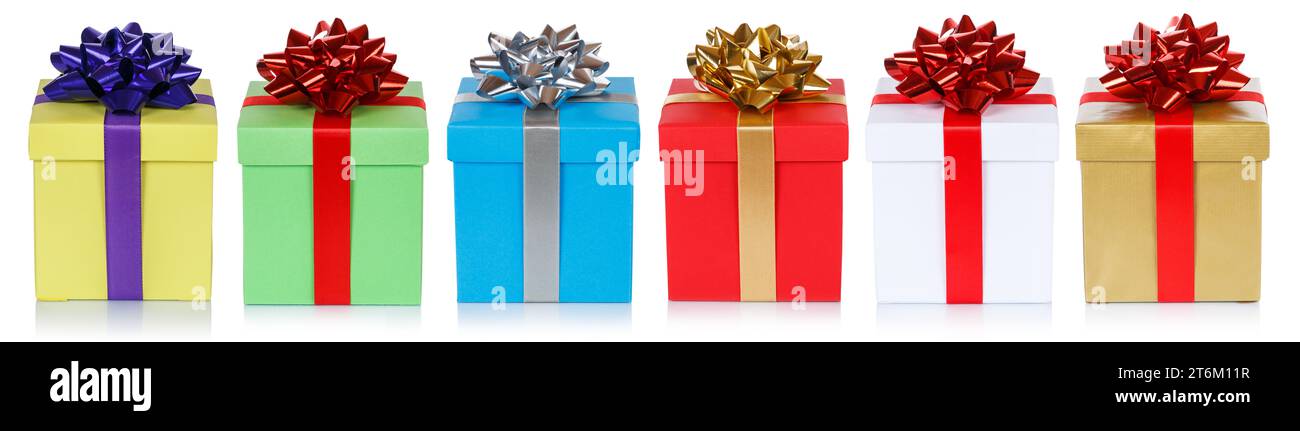 Colorful christmas presents boxes birthday gifts in a row isolated on a ...