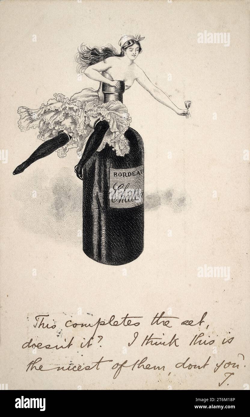Vintage postcard beautiful young woman with giant bottle of Bordeaux ...