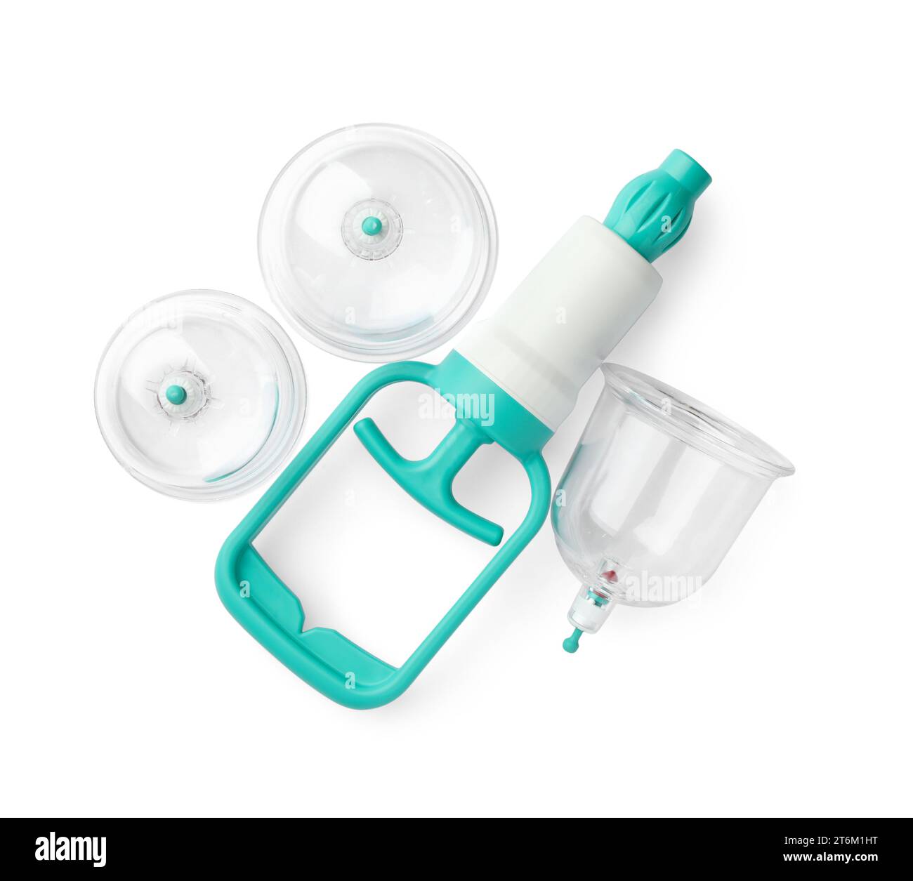 Plastic cups and hand pump isolated on white, top view. Cupping therapy ...