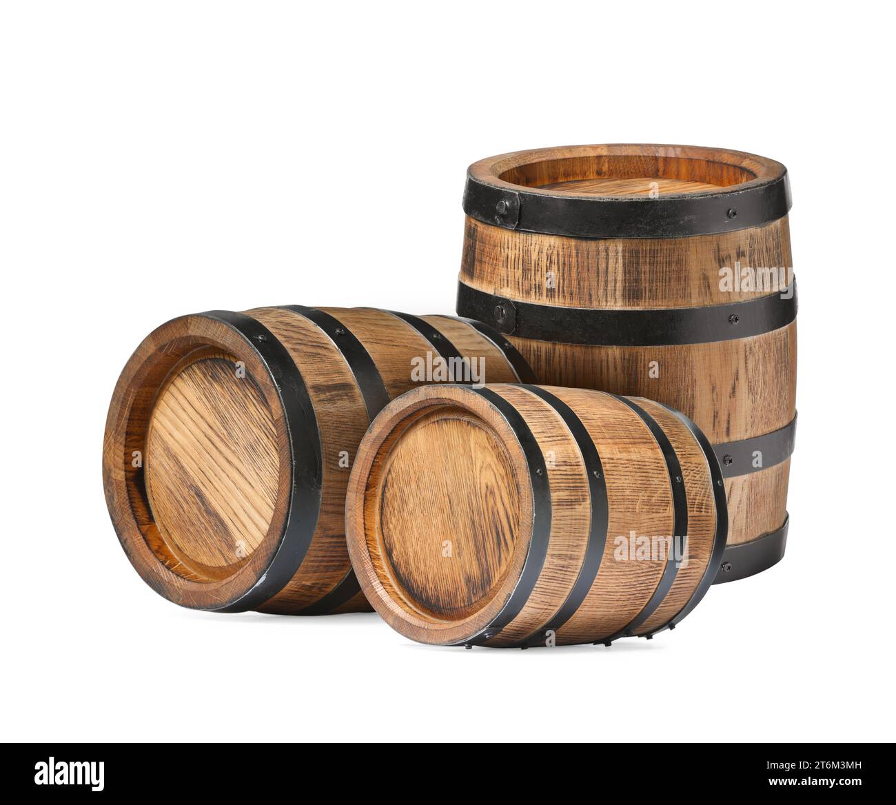 Set of many wooden barrels on white background Stock Photo - Alamy