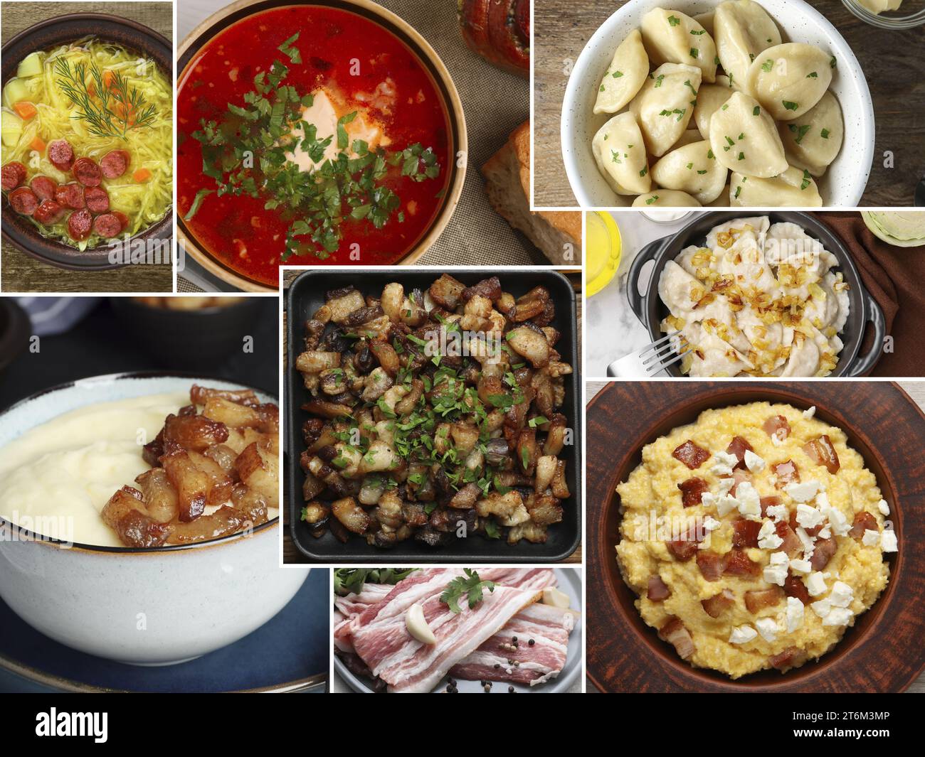 Different tasty Ukrainian dishes. Collage with borscht, banosh ...