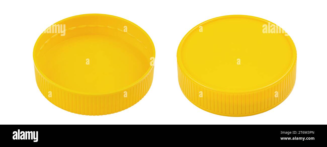 Yellow plastic lid isolated on white background. Plastic round jar lid ...