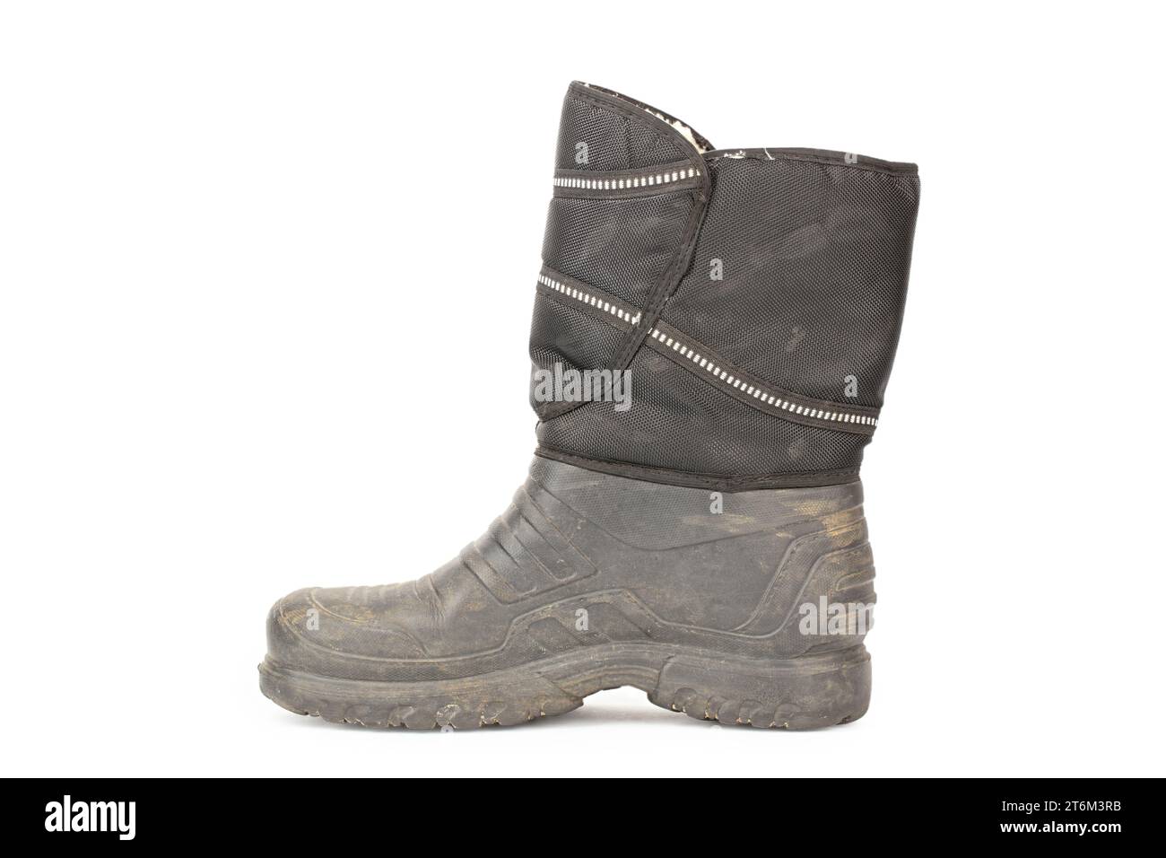 One dirty male rubber boot. isolated on white background. autumn rain ...