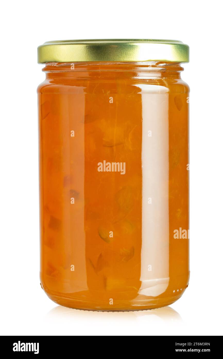 Colorful jams in glass jars isolated on white background. File contains ...