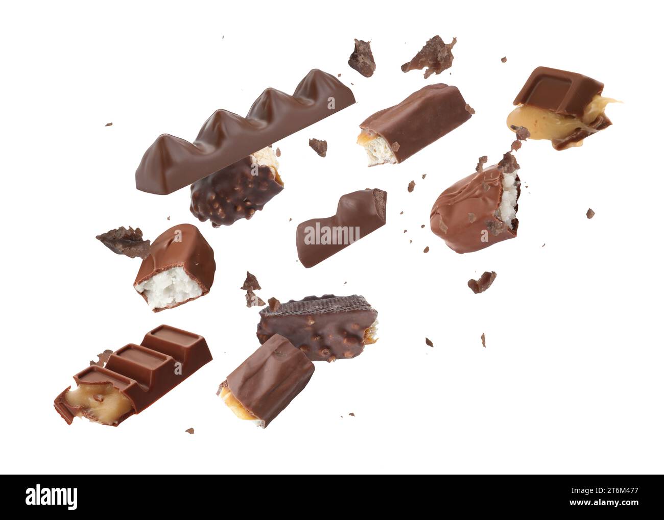 Whole and broken chocolate bars falling on white background Stock Photo ...