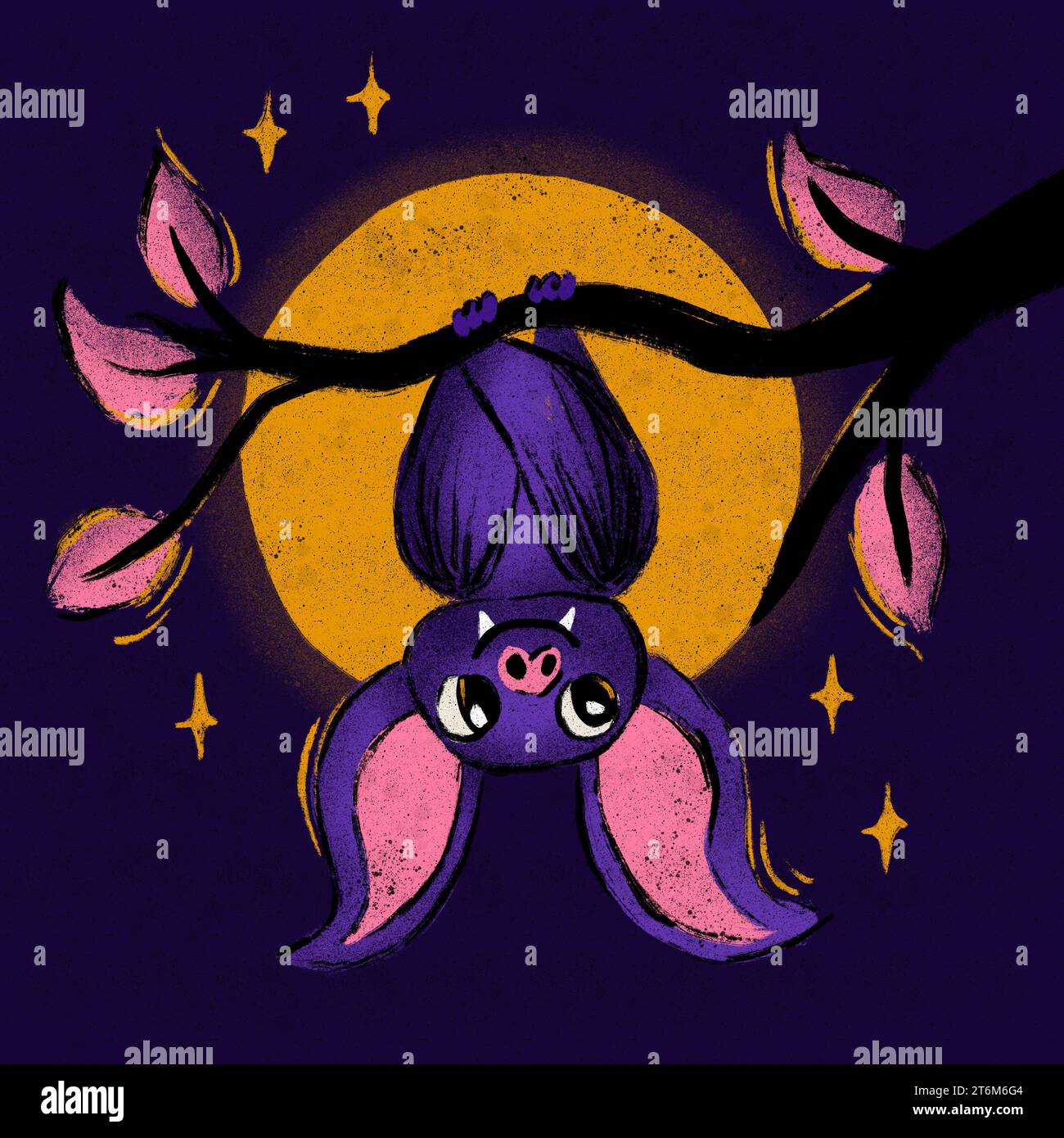 Hand drawn illustration of cute Halooween bat in purple, yellow pink ...