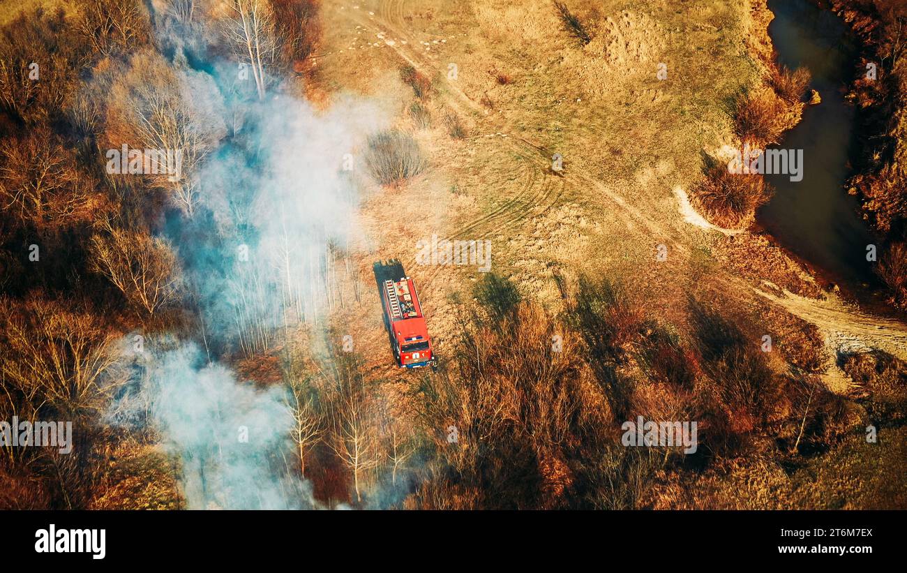 Aerial View. Spring Dry Grass Burns During Drought Hot Weather Stock ...