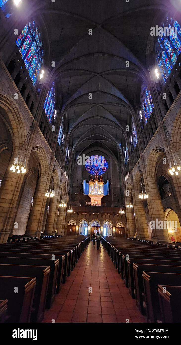 A grand and majestic interior of an old church featuring high ceilings ...