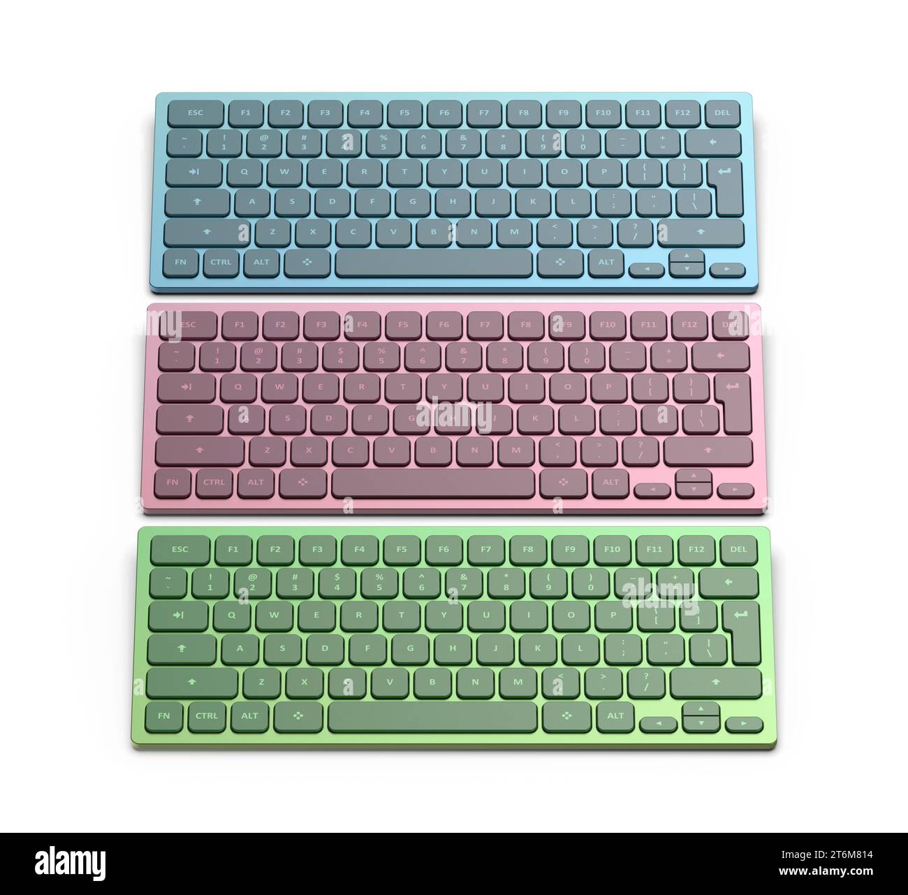 Row with three wireless computer keyboards with different colors on ...