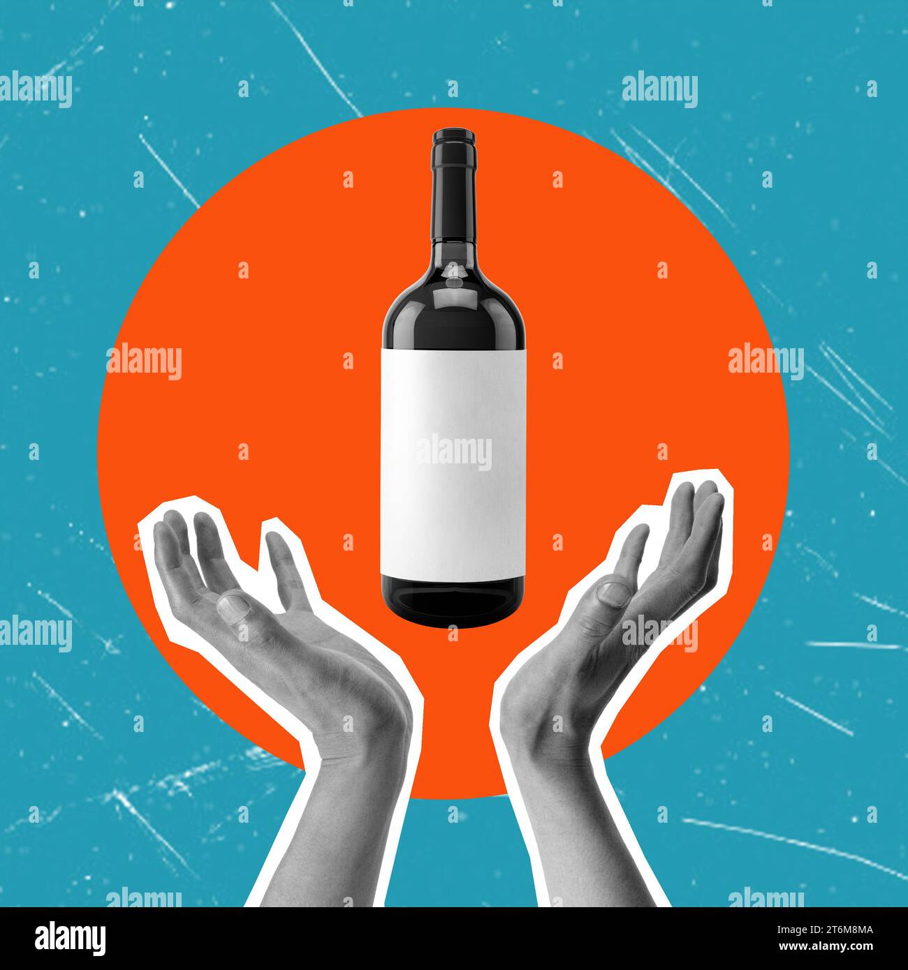 Contemporary artistic collage featuring an image of a hand and a wine ...