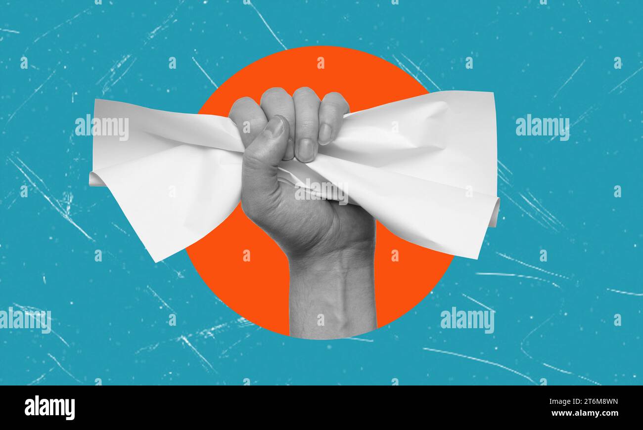 Contemporary artistic collage featuring a clenched fist holding a sheet ...