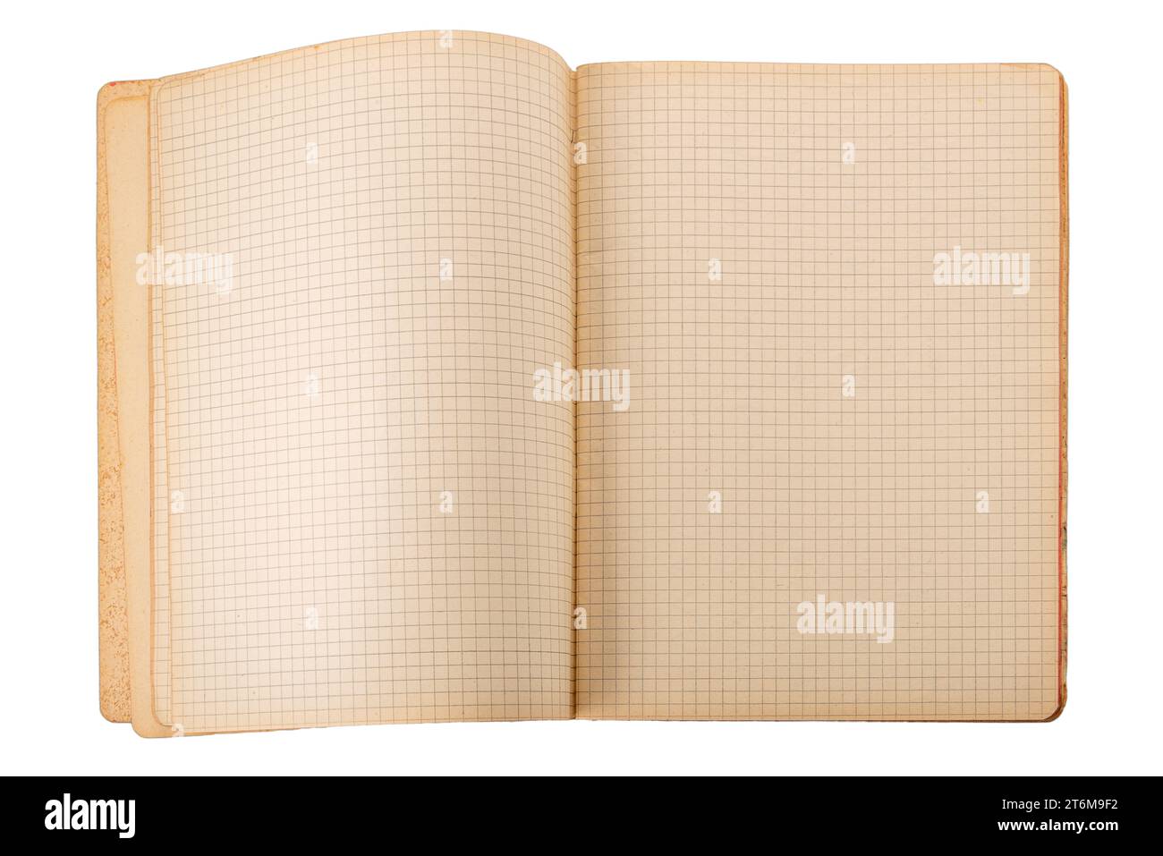 Antique open notebook with squares on pages yellowed by time, isolated ...