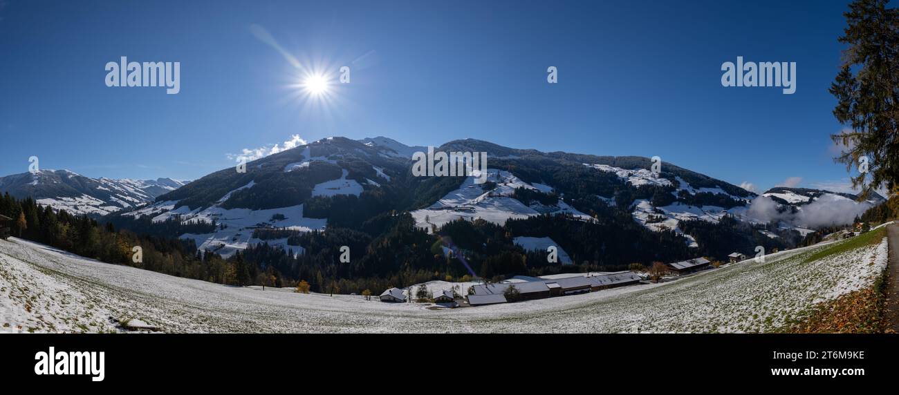 clear blue sky above alpbach valley in austrian alps tyrol with snowy ...