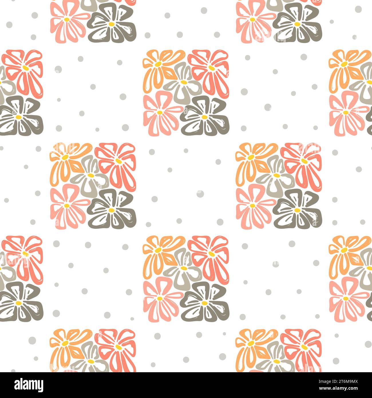 Seamless floral pattern with doodle flowers. Vector checkered ...