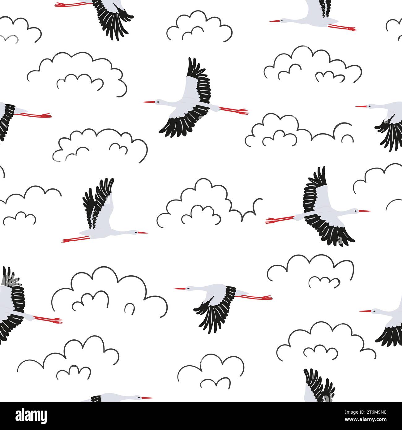 Seamless flying stork birds and doodle clouds pattern. Vector ...