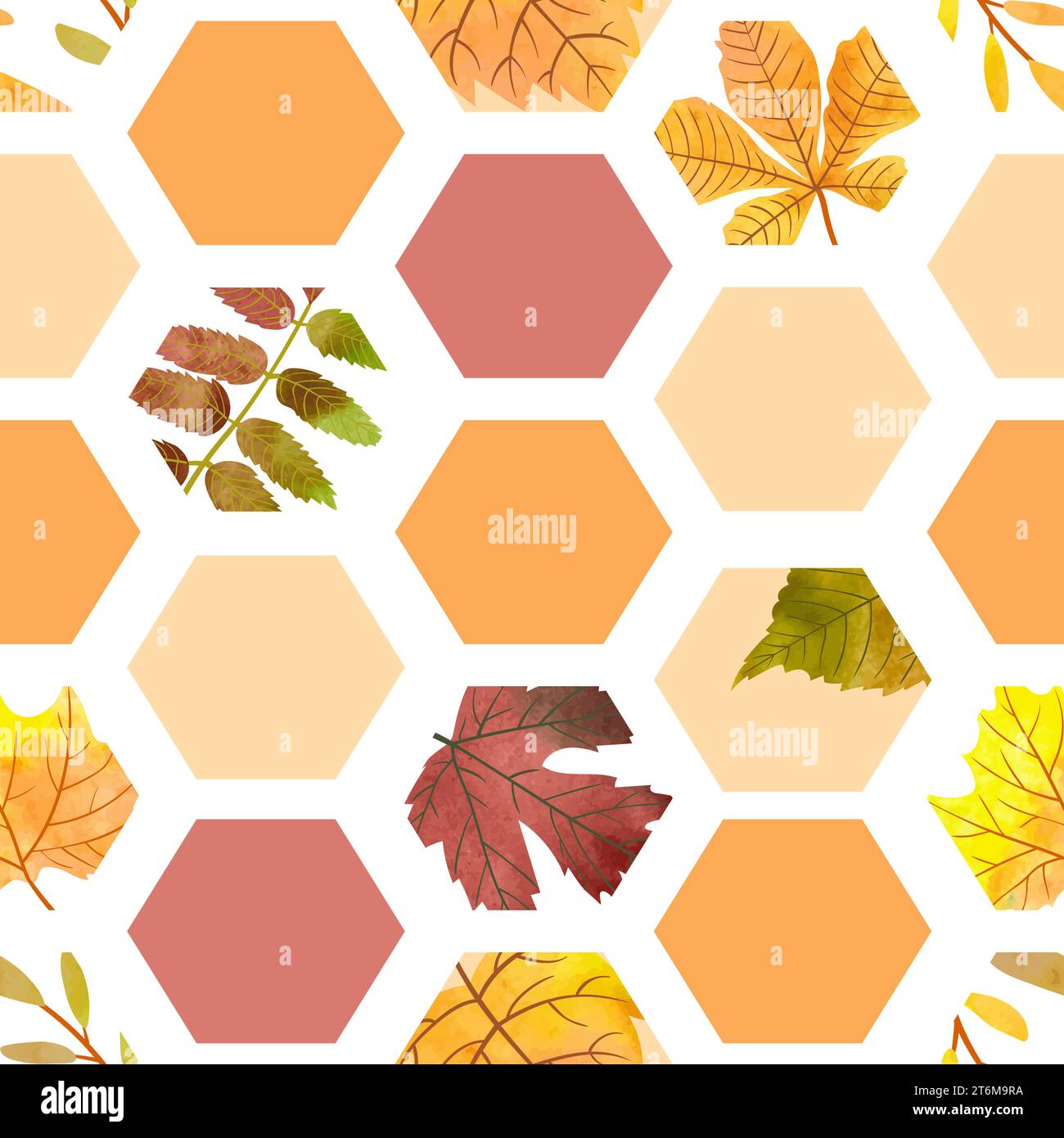Seamless abstract geometric pattern with autumn leaves. Vector hexagon ...