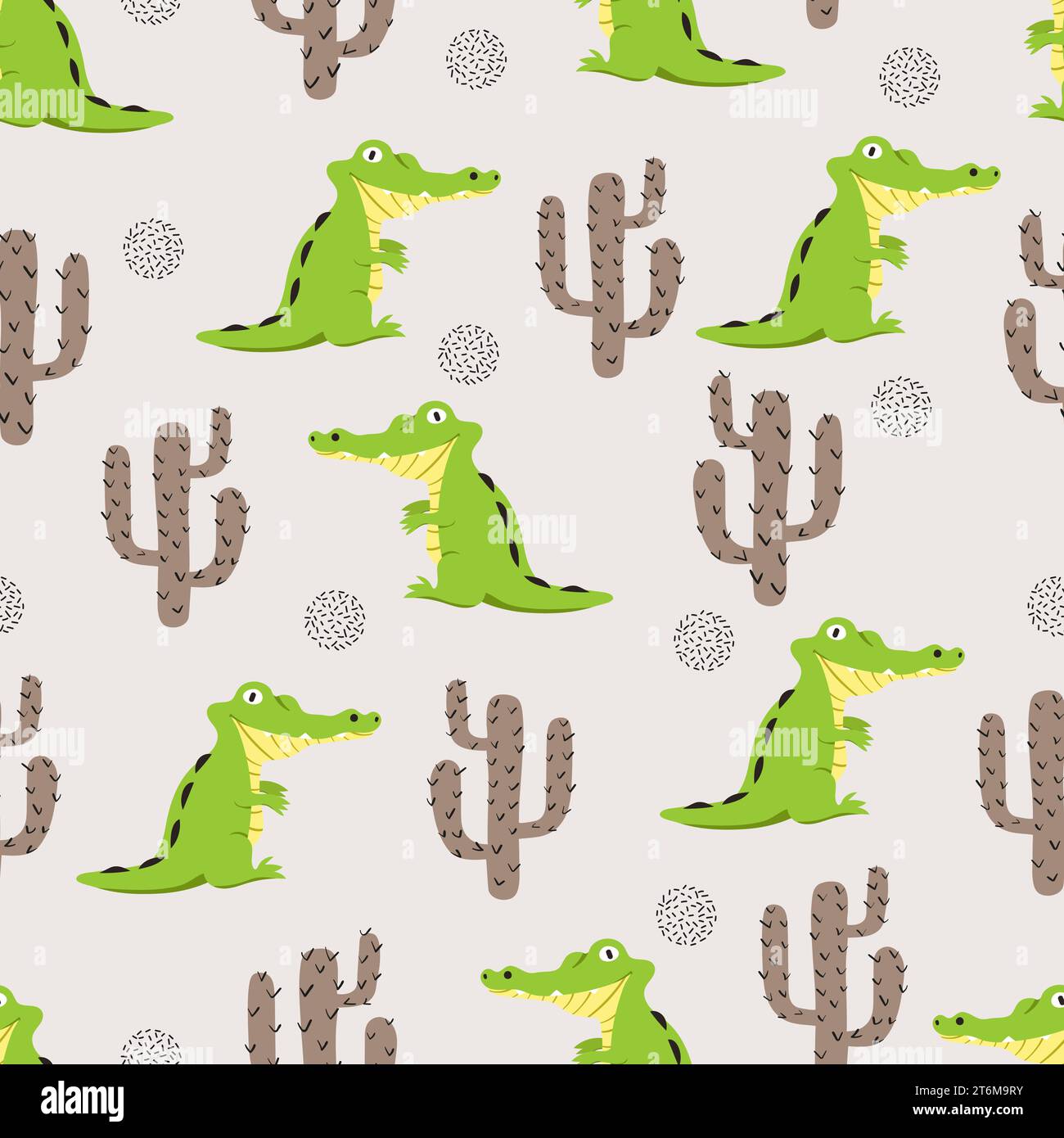 Cute crocodile and cactus pattern. Vector background with cartoon ...