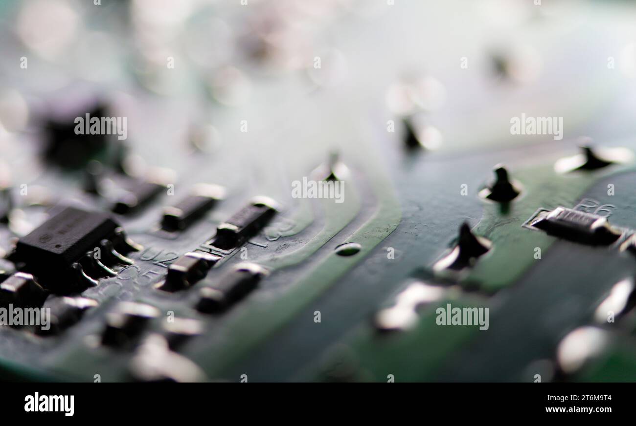 Green electronic circuit board close up. Macrophotograph Stock Photo - Alamy