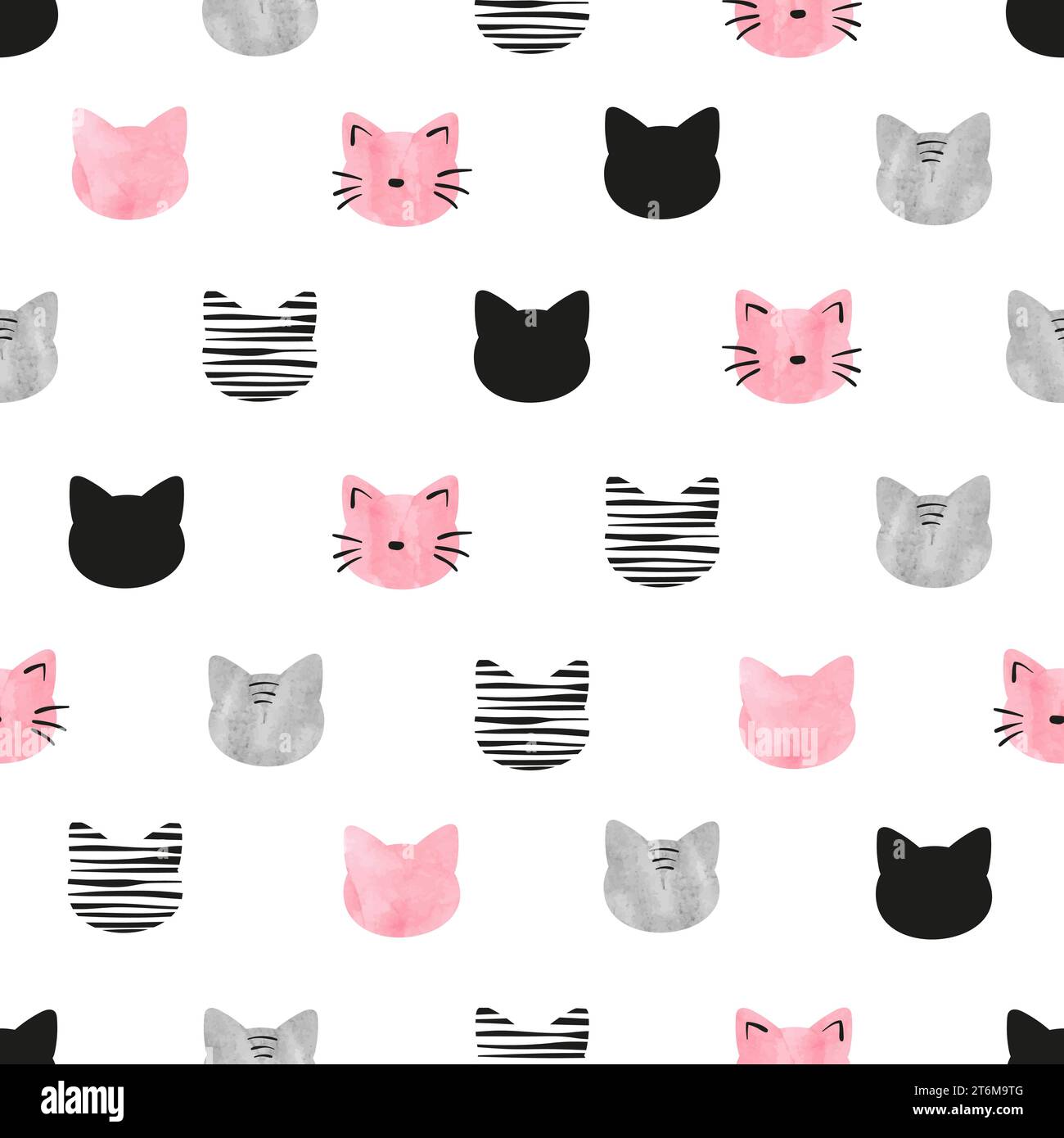 Seamless cute cats pattern. Vector illustration with watercolor cat ...