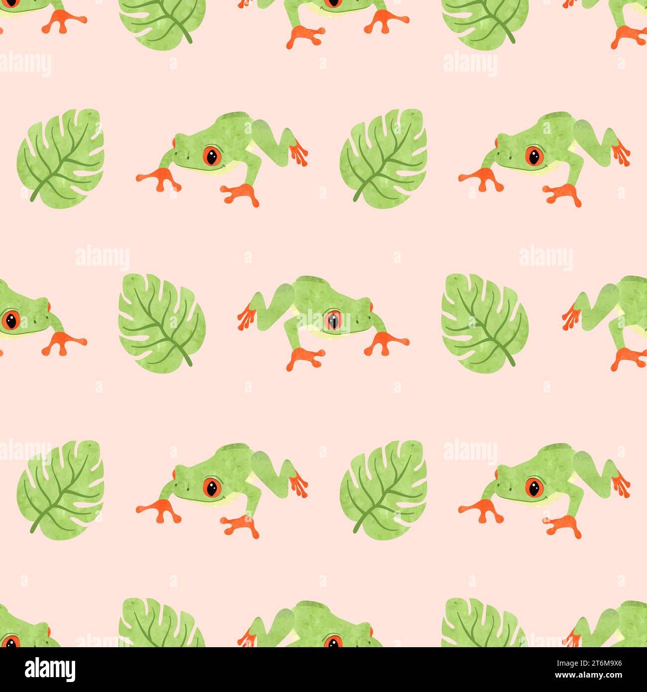 Cute tree frog pattern. Seamless vector background with watercolor ...