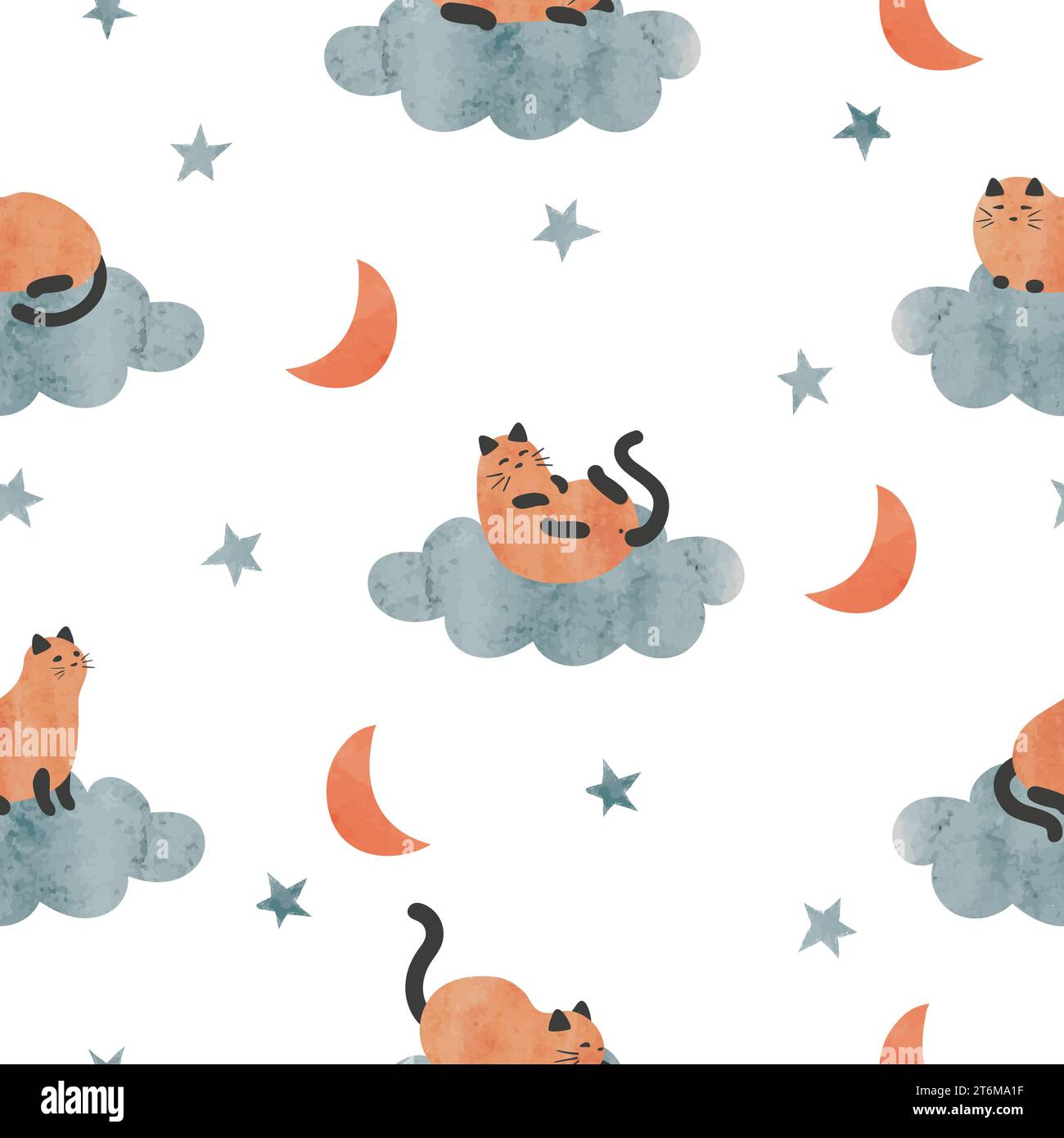 Seamless pattern with cute cartoon cats on clouds. Vector illustration ...
