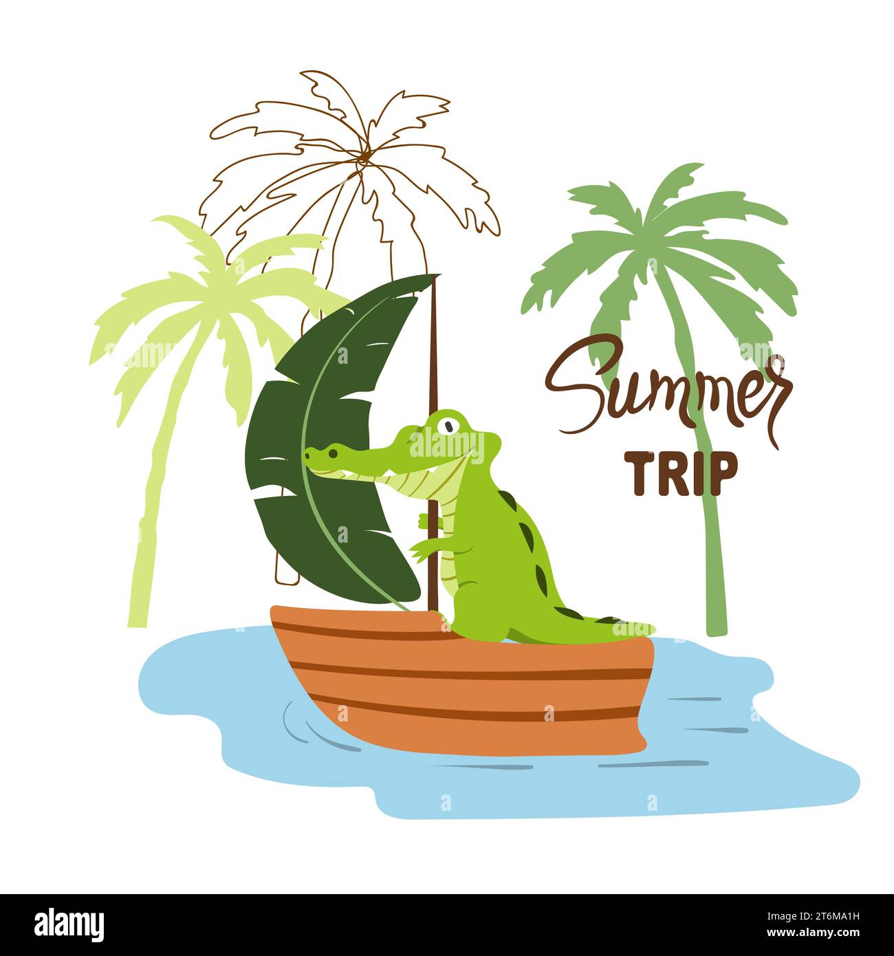 Cartoon crocodile on little boat vector illustration. T-shirt design ...