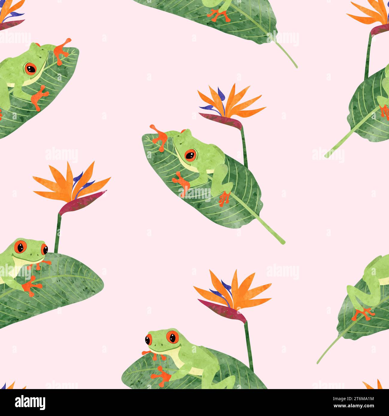 Seamless pattern with cute tree frogs and tropical flowers. Vector ...