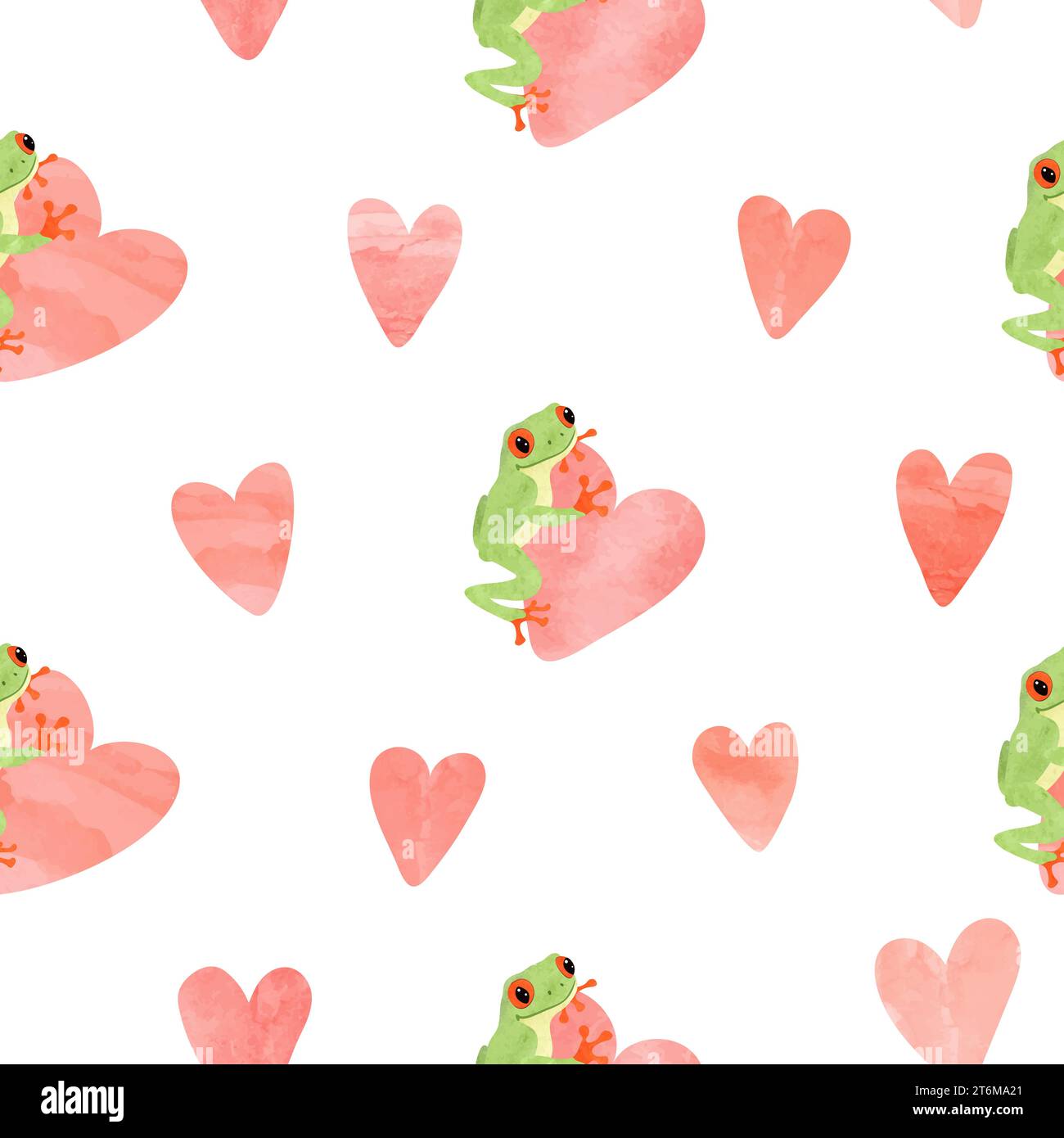 Cute tree frogs and watercolor hearts seamless pattern. Vector love ...