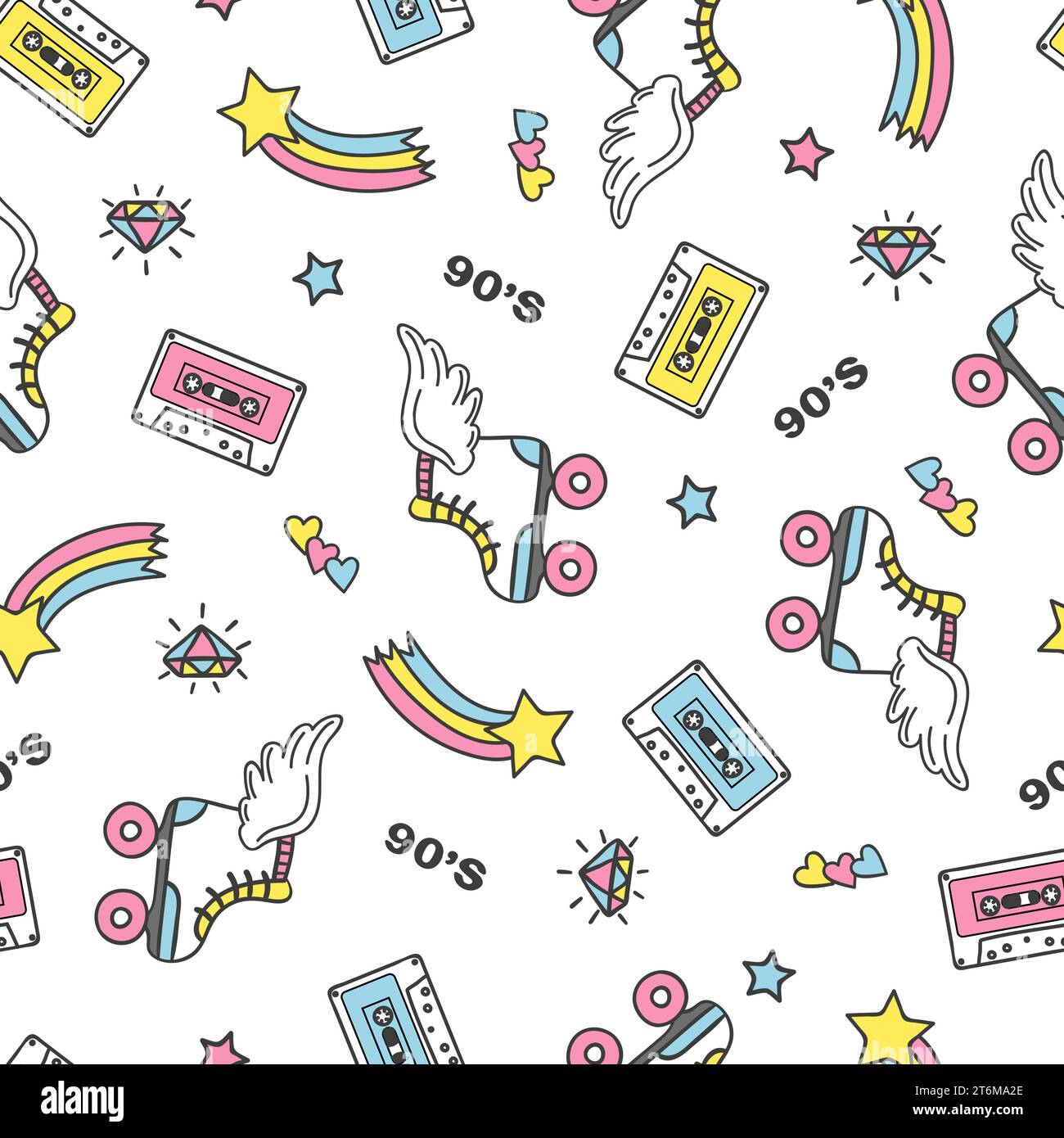 Seamless trendy 90s style pattern with cartoon elements. Textile ...