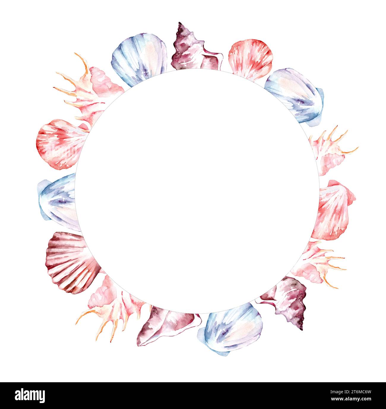 Seashell Round Frame. Hand drawn watercolor illustration of border with ...